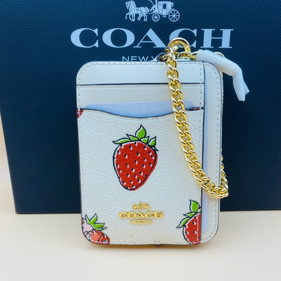 Coach | Bags | Coach Zip Card Case With Strawberry Print Chalk Multi ...